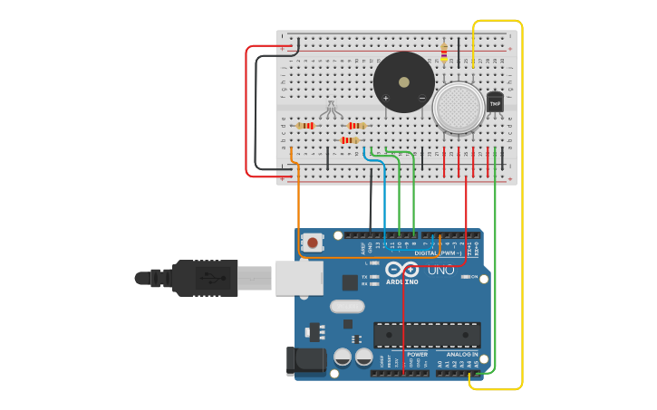 Circuit design Smart house: temp and gaz alarm | Tinkercad