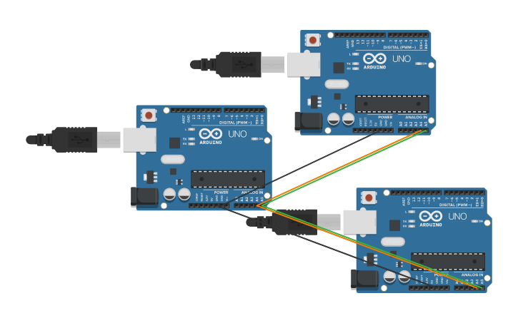 Circuit design I2C 3 arduinos - Tinkercad