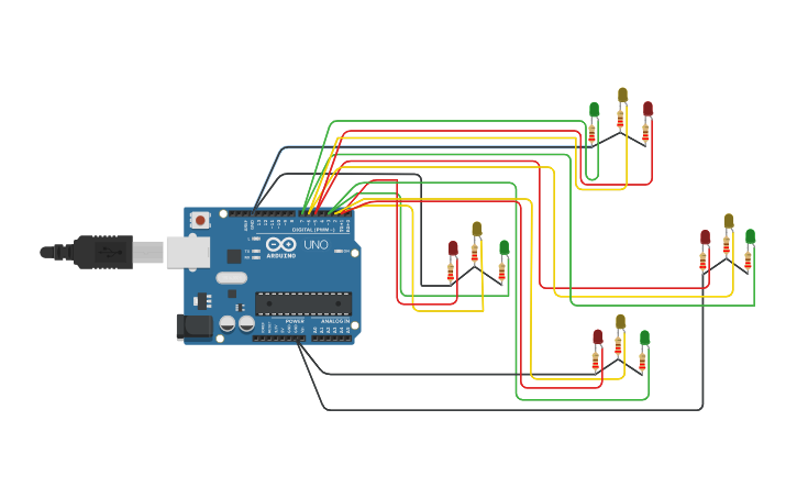 Circuit design Four ways traffic control system using Arduino Tinkercad ...