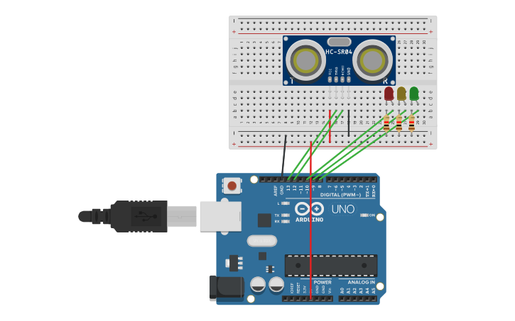 Circuit design Ultrasonic Distance Sensor Circuit with LED's | Tinkercad