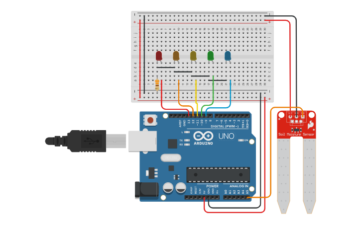 Circuit design DP - Sensor de humedad con leds de colores | Tinkercad