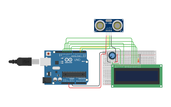 Circuit design Sensor ultrasonik dan LCD - Tinkercad Circuit design Sensor ultrasonik dan LCD - Tinkercad