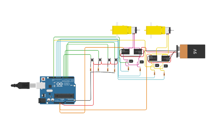 Circuit design Programación Puente H con Pulsadores - Tinkercad
