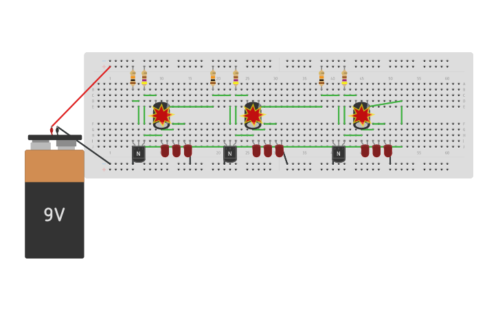 Circuit design 3 LED Flasher Circuit Using Transistor | Tinkercad