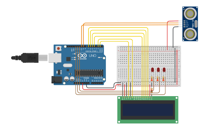 Circuit design TUGAS SENSOR ULTRASONIC, LCD, DAN LED - Tinkercad