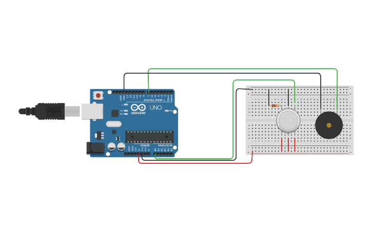 Circuit design gas sensor dengan buzzer | Tinkercad