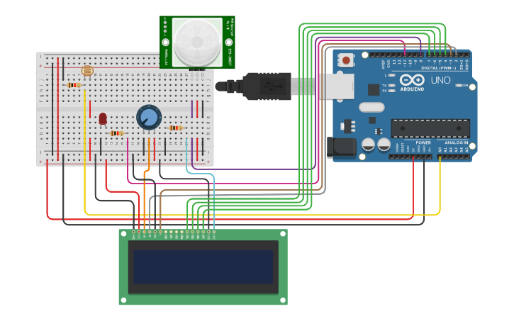 Circuit design PIR Sensor LCD Display | Tinkercad