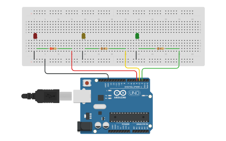 Circuit design 002. Curso Arduino Bernardo Cruz: Semáforo con 3 LEDs - Tinkercad