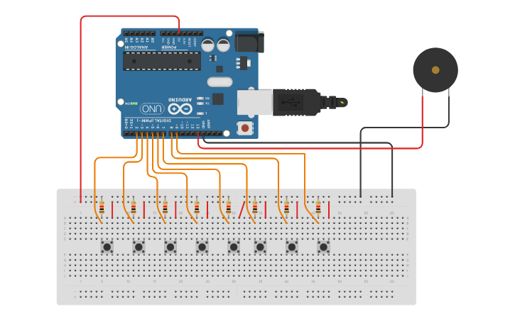 Circuit Design Práctica Piano Arduino Tinkercad