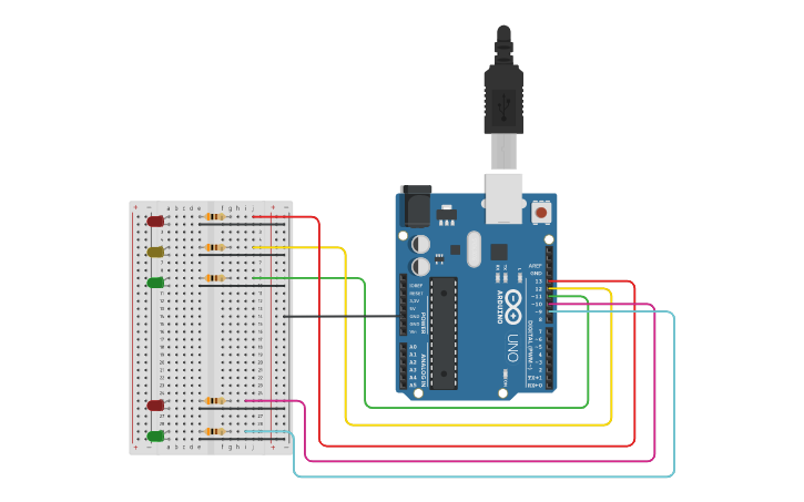 Circuit design Semáforo Veículos e Pedestres com Arduíno Uno R3 - Tinkercad