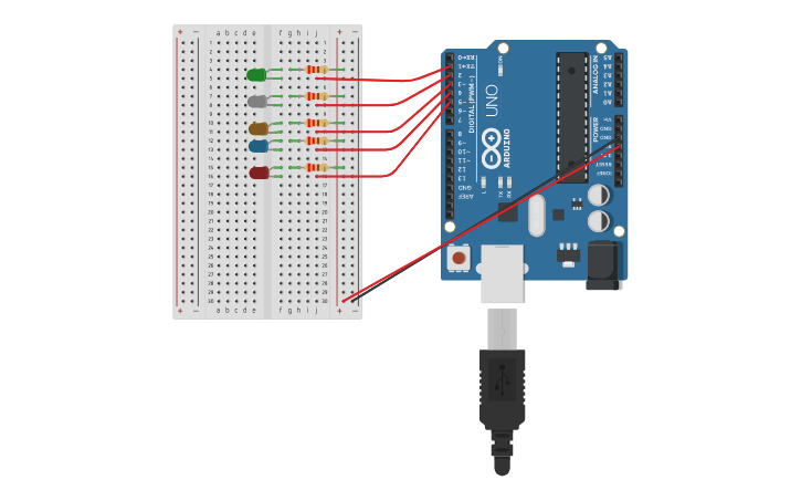 Circuit design 5 LED Array - Tinkercad