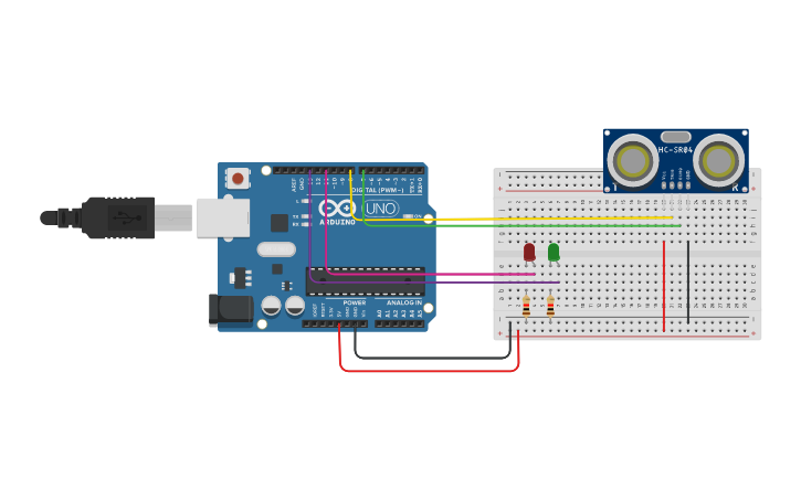 Circuit design Sensor de distancia con Leds - Tinkercad