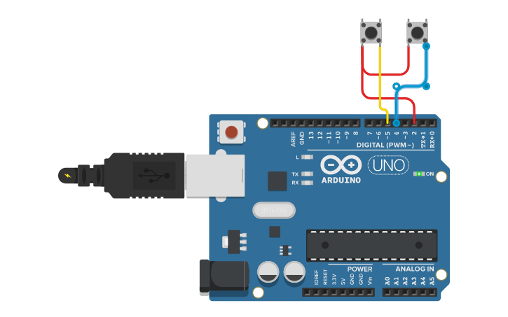 Circuit design Mutliple buttons with one interrupt | Tinkercad