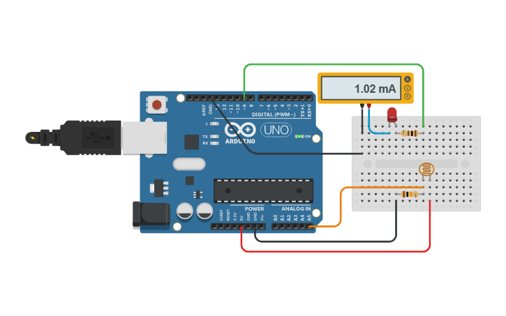 Circuit design démonstration LDR photorésistance | Tinkercad