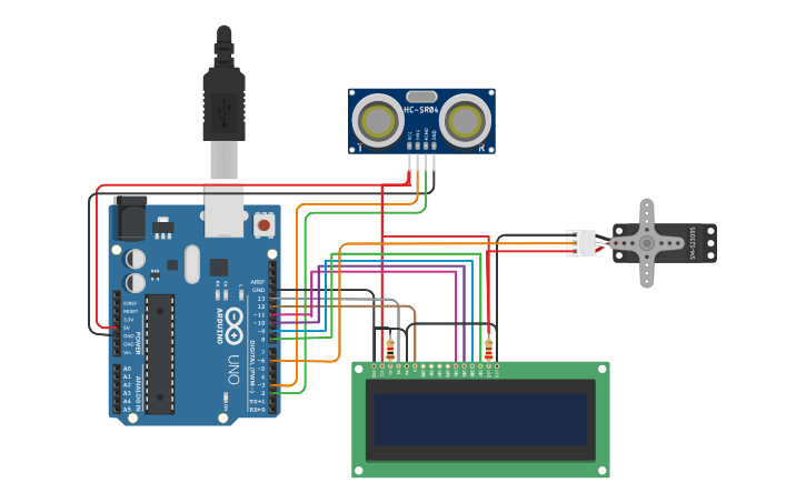 Circuit design Servo angle Control with Ultrasonic | Tinkercad