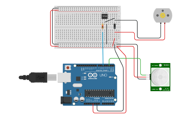 Circuit design PIR_DCMotor_TIP120_BlockCode - Tinkercad
