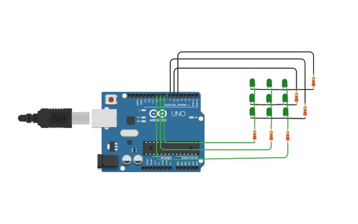 Circuit design 3x3 LED matrix - Tinkercad