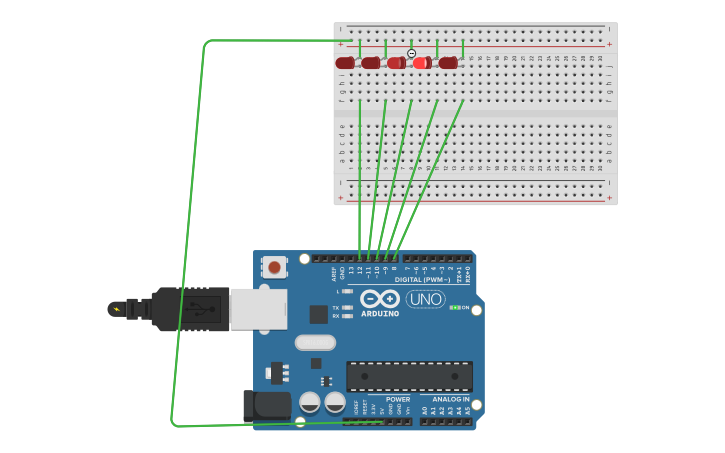 Circuit design Knight Rider light circuit from Arduino - Tinkercad