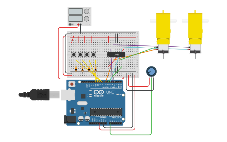 Circuit design Motores, Micropulsadores y Potenciometro con Arduino | Tinkercad