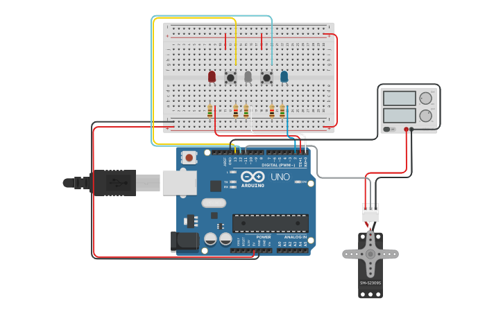 Circuit design A1D – Micro servo e botões - Tinkercad