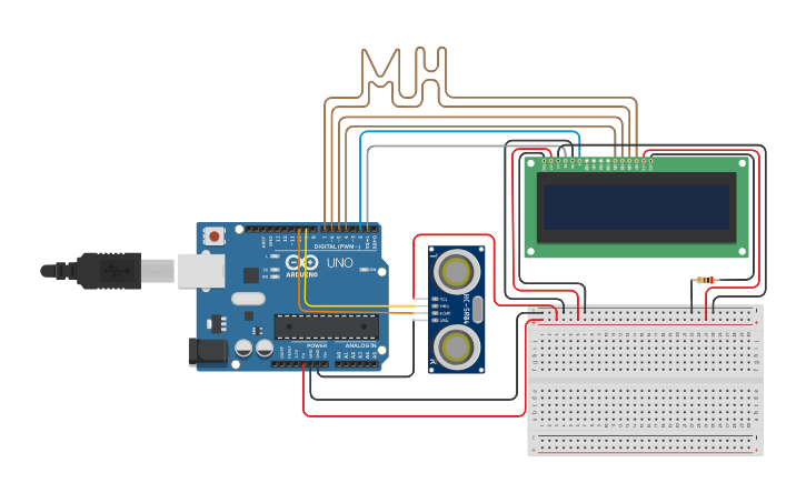 Circuit design Distance in LCD using Ultrasonic Sensor | Tinkercad