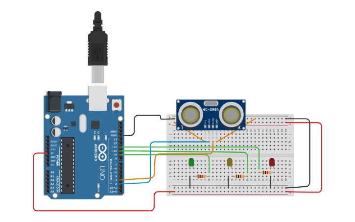 Circuit design Ultrasonic sensor with LEDs - Tinkercad