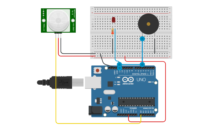 Circuit Design Rangkaian Sensor Gerak Tinkercad