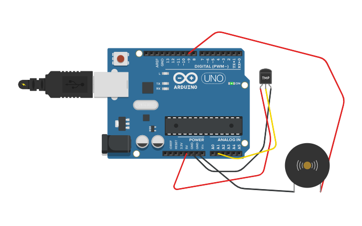 Circuit design Tasarım1 arduino , sıcaklık sensörü ve düdük | Tinkercad
