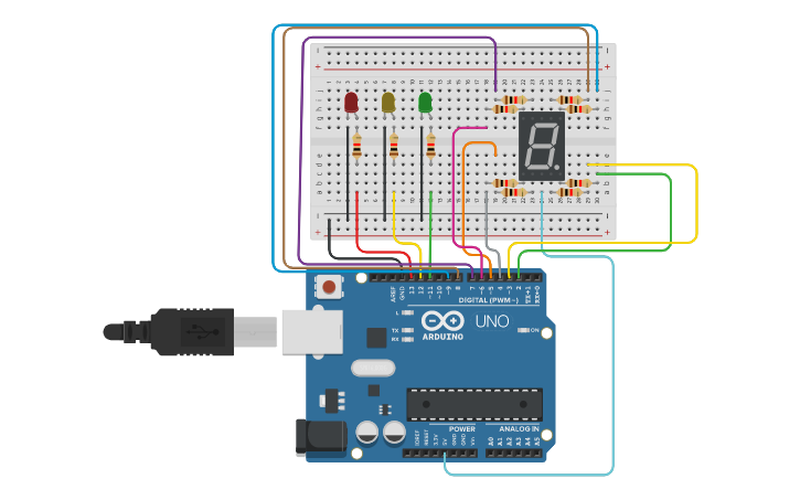Circuit design Semáforo com display 7 segmentos - ANODO - Tinkercad Circuit design Semáforo com display 7 segmentos - ANODO - Tinkercad
