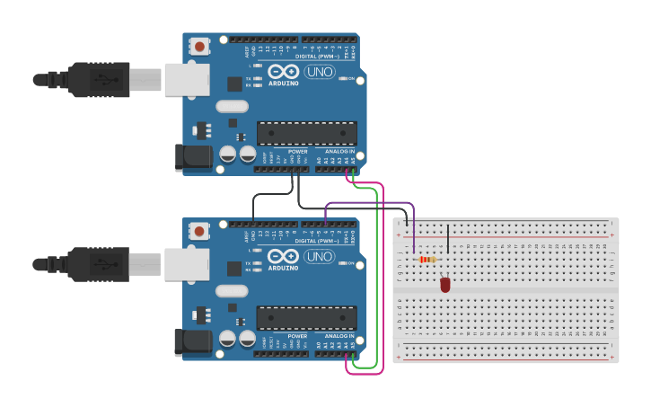 Circuit design A16 Dos Arduinos I2C - Tinkercad