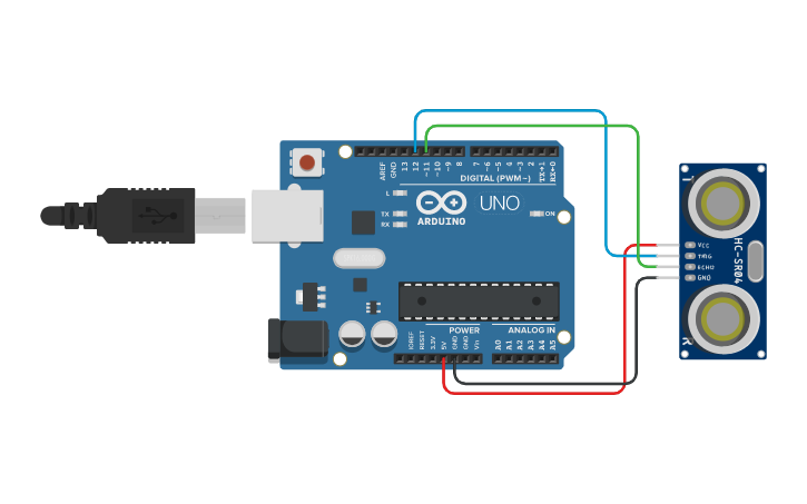 Circuit design Práctica sensor ultrasónico | Tinkercad