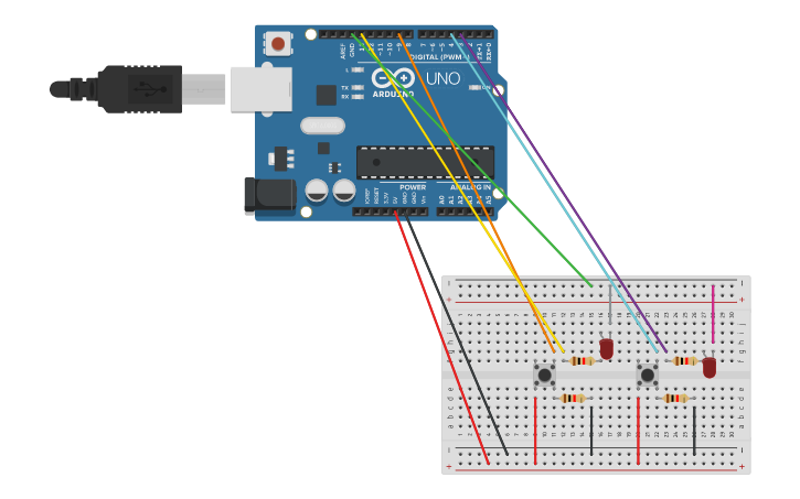Circuit design 2 push button and led circuit - Tinkercad Circuit design 2 push button and led circuit - Tinkercad