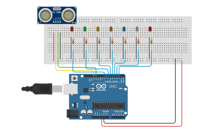 Circuit design 7 LED ULTRASONIC SENSOR - Tinkercad