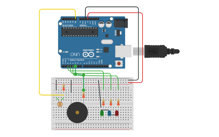 Circuit design Fotosensor - ejercicio 3led + buzzer | Tinkercad