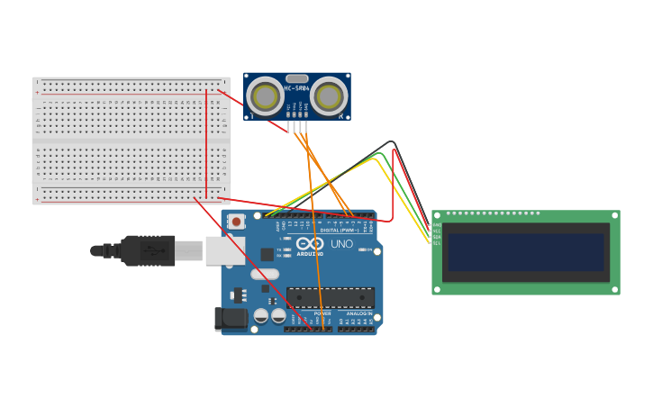 Circuit design LCD with ultrasonic - Tinkercad
