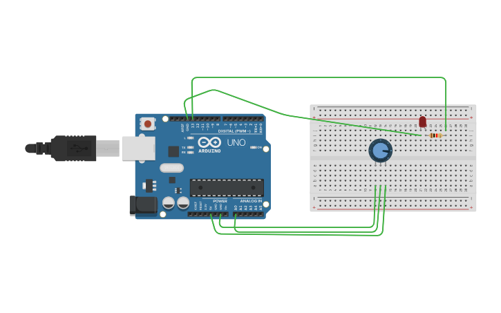 Circuit design 3)potentio serial print, led brightness control - Tinkercad