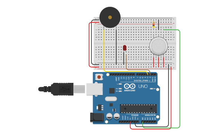 Circuit design Gas Leakage Detection System - Tinkercad