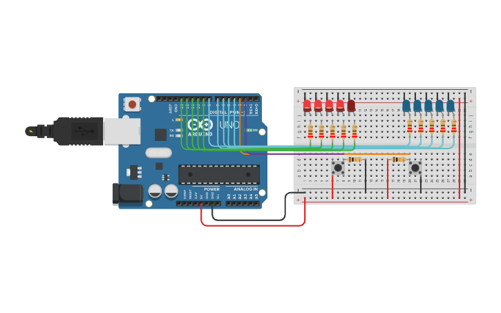 Circuit design Resistencia pull down y up, leds - Tinkercad