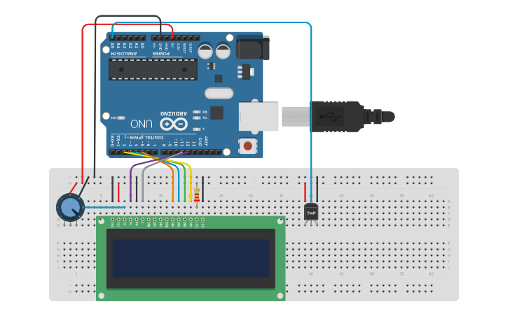 Circuit design LCD CON SENSOR DE TEMPERATURA - Tinkercad