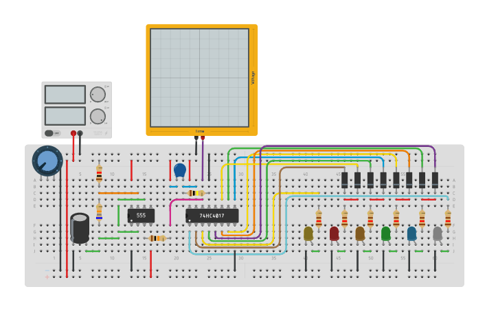 Circuit design Night Rider 555 and 4017 - Tinkercad