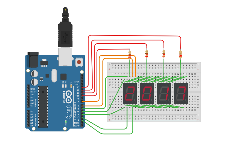 Circuit design 7seg 4-digits - Tinkercad