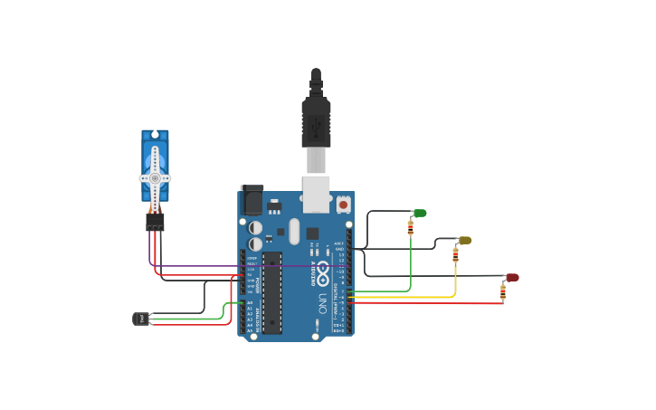 Circuit Design Pembuka Pintu Otomatis Dengan Indikator Suhu Tinkercad