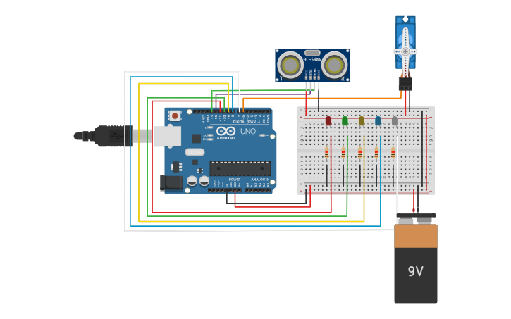 Circuit design Programación de un sensor de distancia con leds | Tinkercad