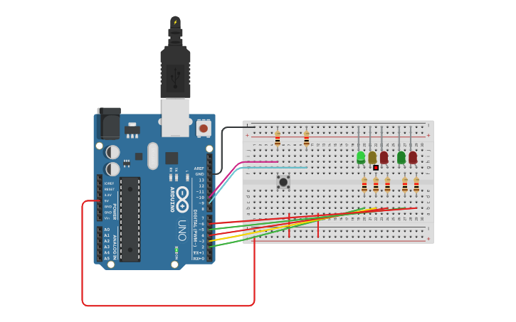 Circuit design Tarea semaforo peatonal - Tinkercad