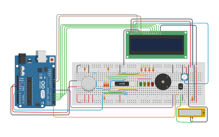 Circuit design Gas and Temp Sensor with LED, Buzzer and LCD warning ...