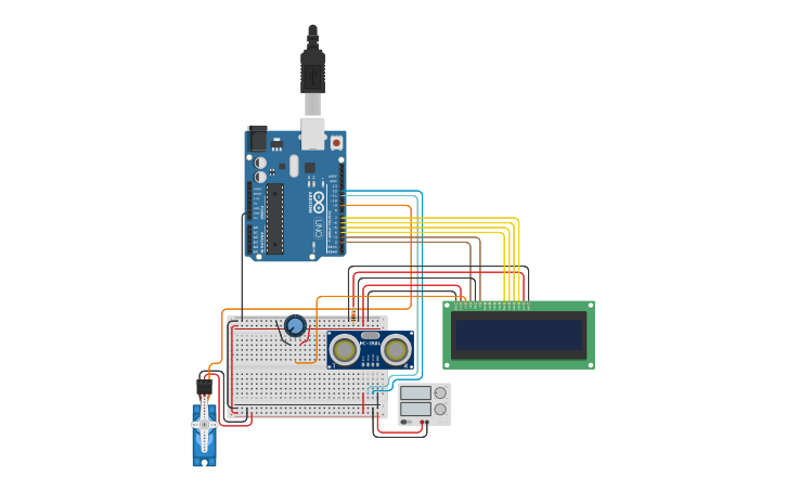 Circuit design Servo + ultrasonic + LCD - Tinkercad