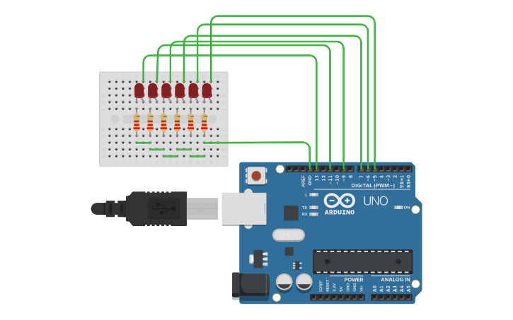 Circuit design Copy of 6 leds serie - Tinkercad