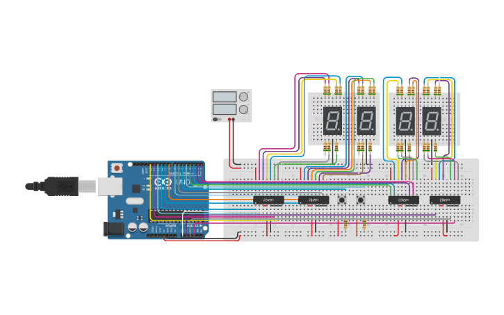 Circuit design 4 display 7 segmentos - Tinkercad