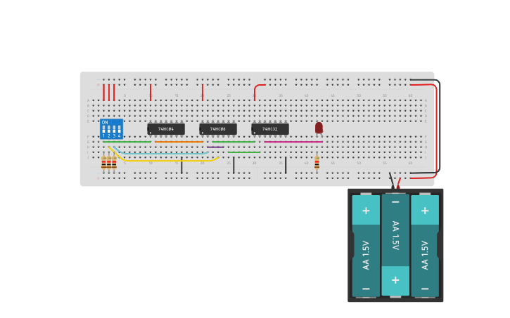 Circuit design x'z+yz 7404 7408 7432 - Tinkercad