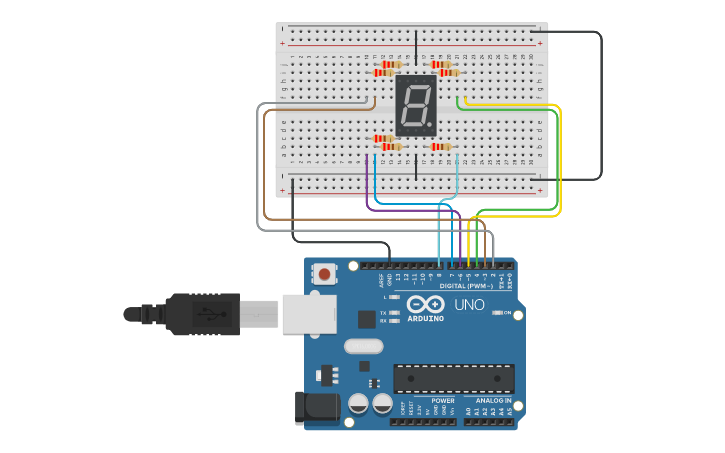 Circuit design Display 7 segmenti _contatore 1-9 intervallo 1s_ - Tinkercad
